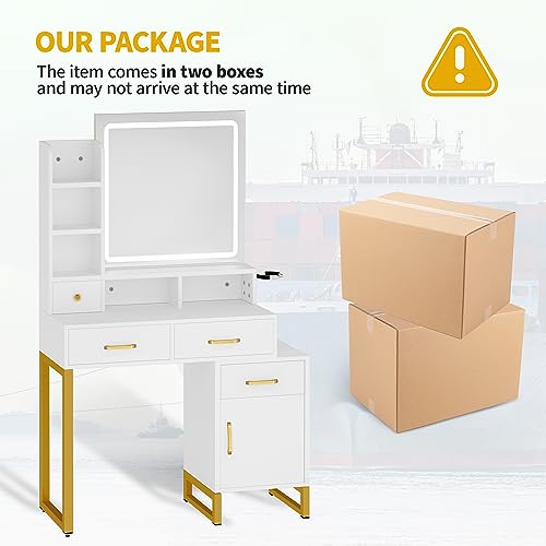 DWVO Vanity Desk with Mirror and Lights, Makeup Vanity with Lights and Drawers, Vanity Mirror with Lights and Table Set, 3 Color Adjustable Lighting Brightness & Power Outlet, White