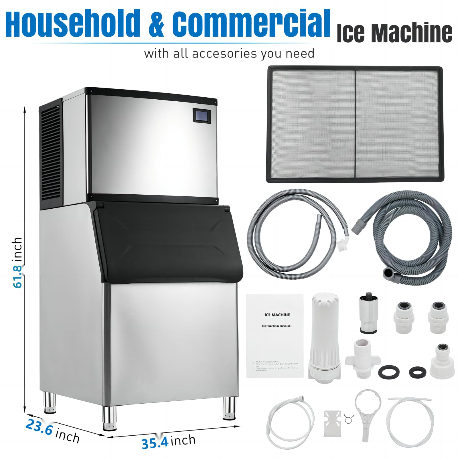 Commercial Ice Maker Machine 350LBS/24H, 310LBS Large Storage Bin, 14x13 Ice Cube, Stainless Steel, for Restaurant/Bar/Businessā¦