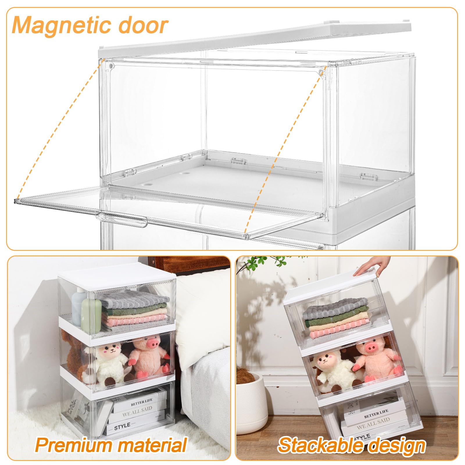 CroBlissful 3 Pcs 15 x 11 x 8.8 Inches Clear Stackable Storage Bins with Lids Collapsible Plastic Closet Organizer Foldable Closet Containers for Office Garage Clothes Living Room Bedroom