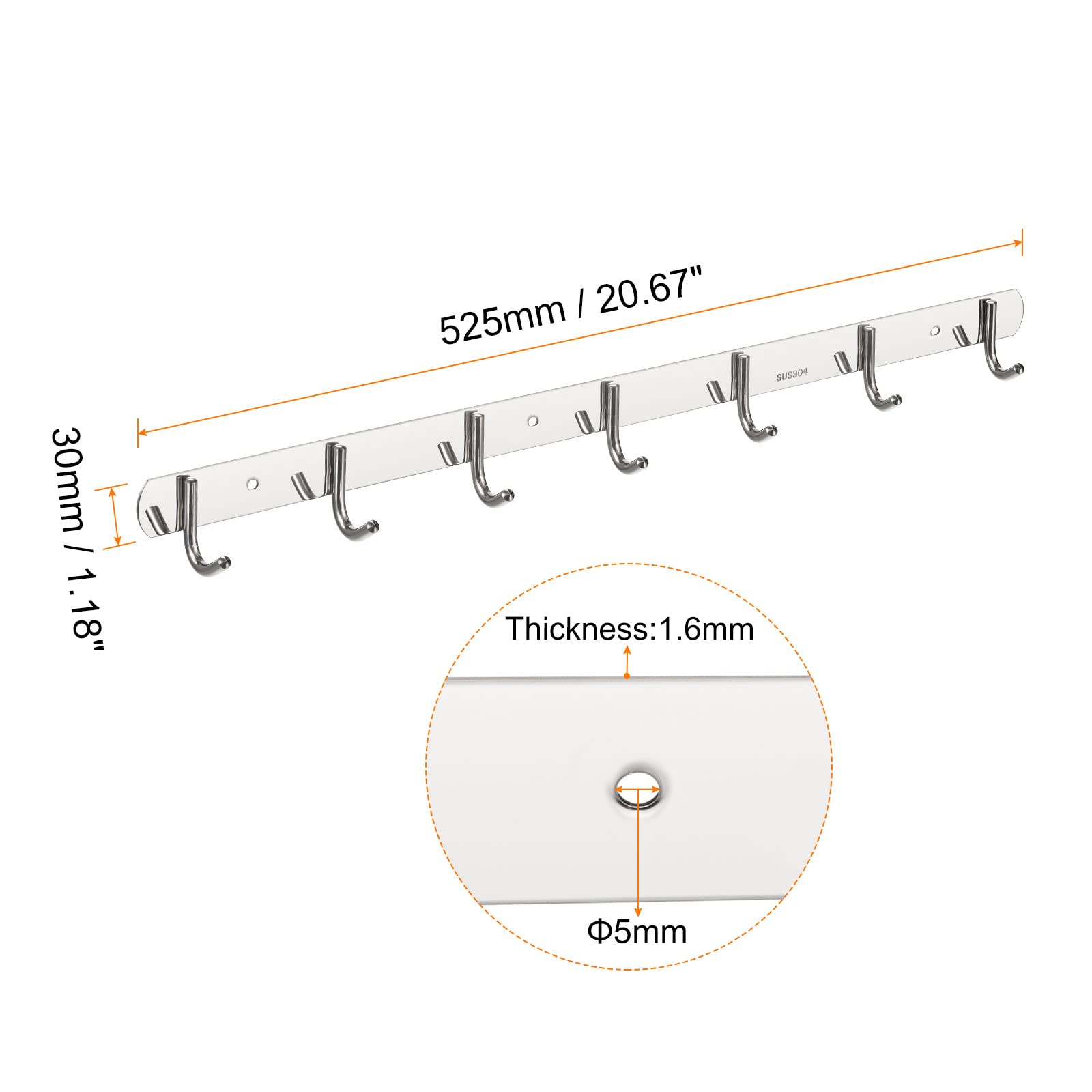 uxcell Coat Hook Rack, 304 Stainless Steel Coat Rack Wall Mounted with 7 Hooks Metal Hook Rail Wall Hangers for Hanging Bedroom Bathroom 2Pcs