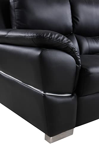 Blackjack Furniture Binion Modern Leather Loveseat for Living Room with Padded Headrests, Stainless Steel Legs & Accent Chrome Trim, Black