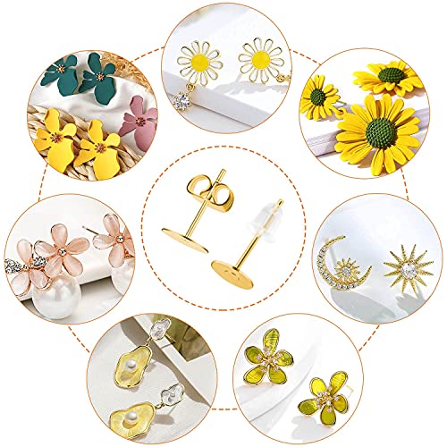 Earring Posts Stainless Steel, Flasoo 1200Pcs Hypoallergenic Earring Posts and Backs, Gold Flat Pad Earring Studs with Clutch for Earring Making and DIY Stud Earring Supplies
