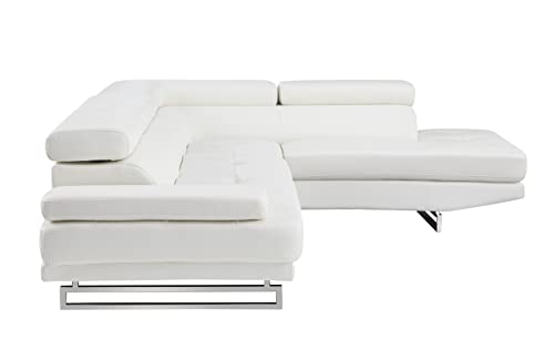 Blackjack Furniture Union Modern Faux Leather Sofa with Adjustable Headrests, Chaise, Elegant Tufted Seat, High-Density Foam and Stainless Steel Legs, Right Facing Sectional, White