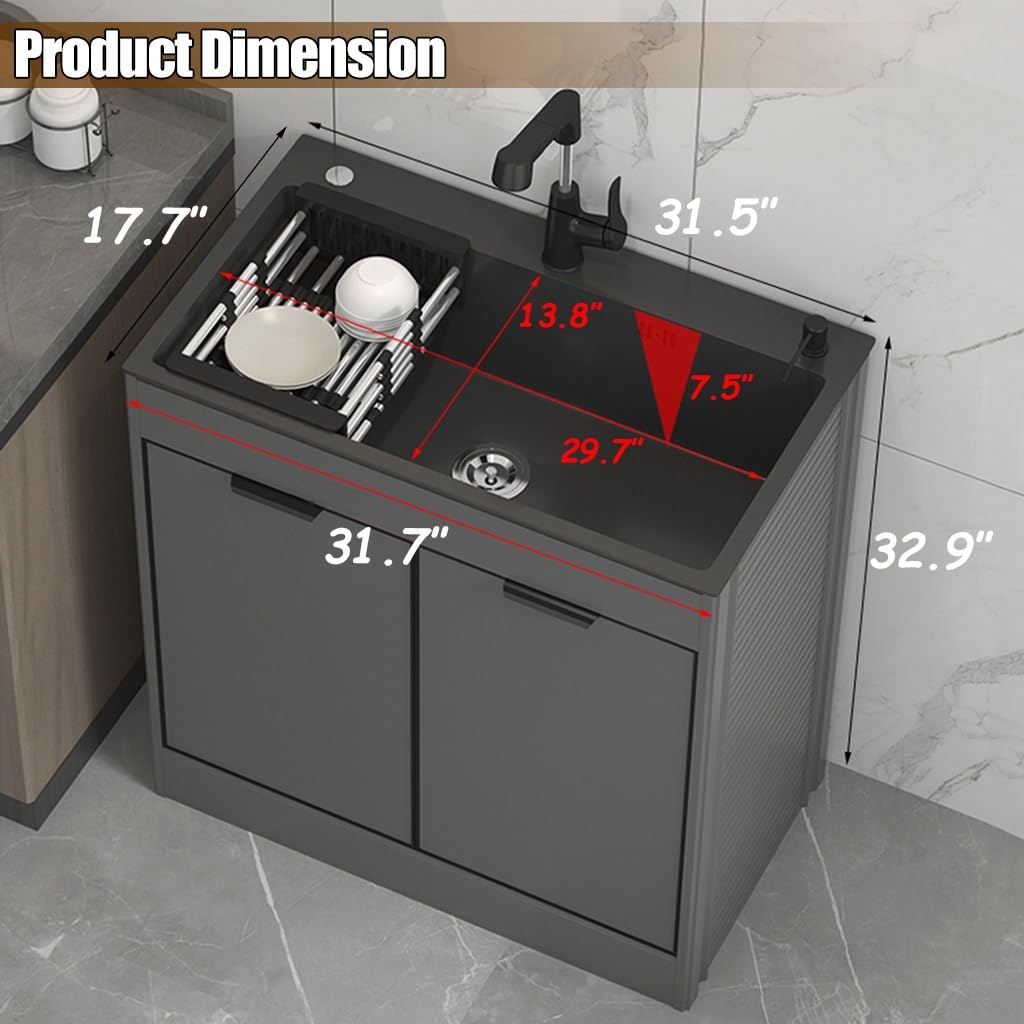 Commercial Kitchen Sink 304 Stainless Steel Utility Sink With Cabinet, Outdoor Free Standing Sink With Utility Faucet, Drain Basket & Draining Rack, Portable Can Be Moved Independently