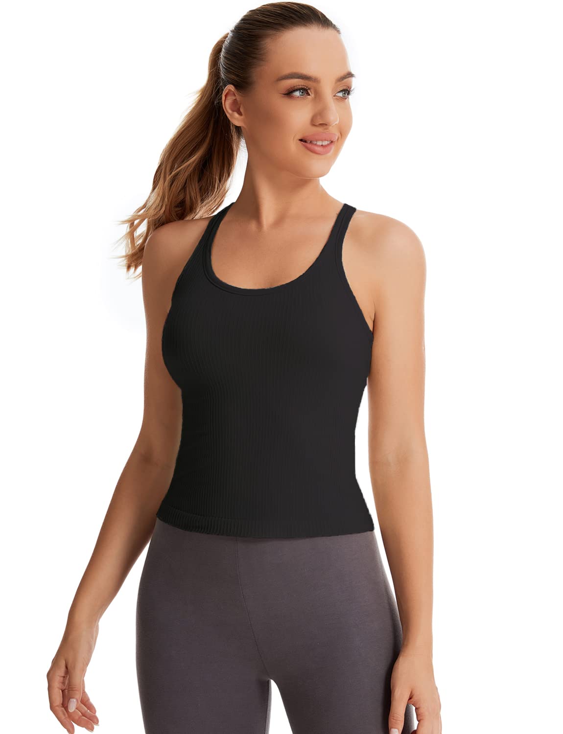 Avacoo Black Tank Tops with Built in Shelf Bra Athletic Tops for Women Black Tops Size 8