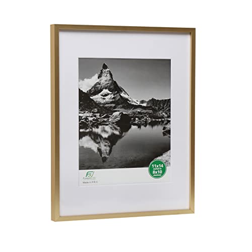 FrameWorks 11”x14” Matted to 8”x10” – Deluxe Brass Gold Aluminum Contemporary Picture Frame with Tempered Glass and Removable Mat