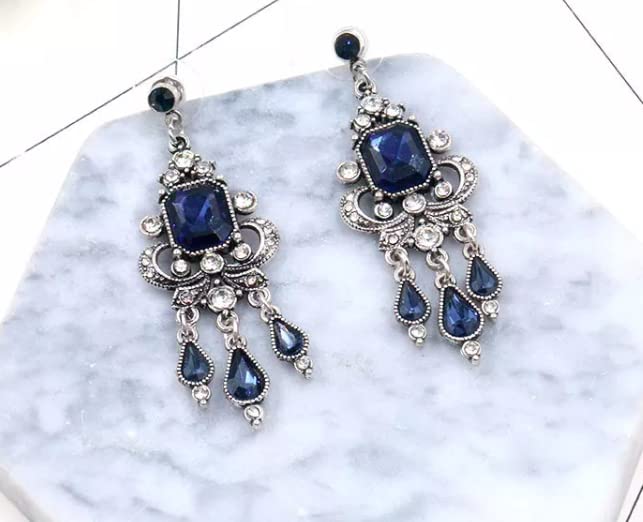 Art Deco Victorian Edwardian Antique Vintage Style Blue Sapphire Rhinestone Long Dangle Wedding Bridal Prom Earrings