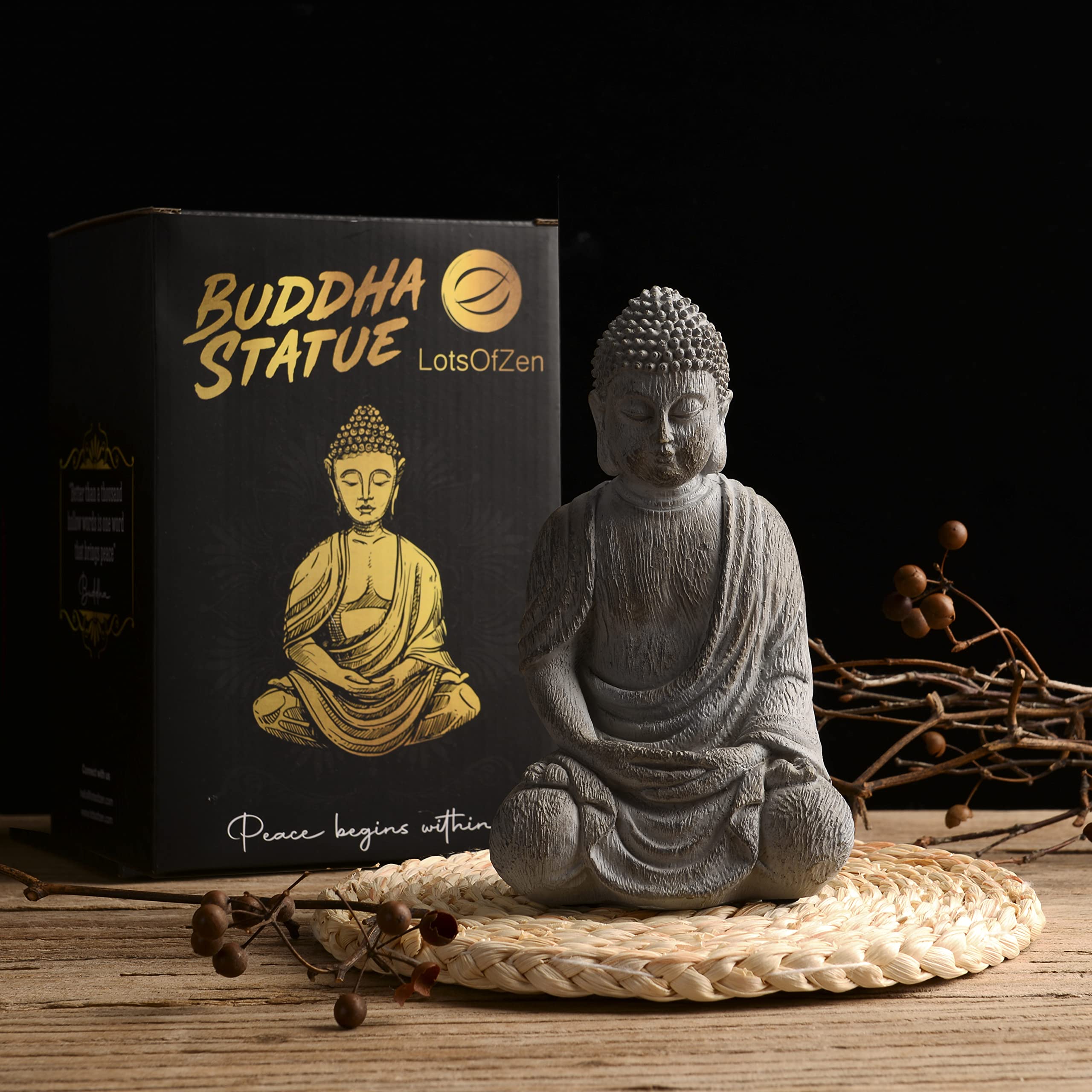 LOTS OF ZEN Mini Buddha Statue β 6.7 inch Buddha Statue with Wooden Round Base Included β Mini Buddha Statue for Spiritual Home Decor