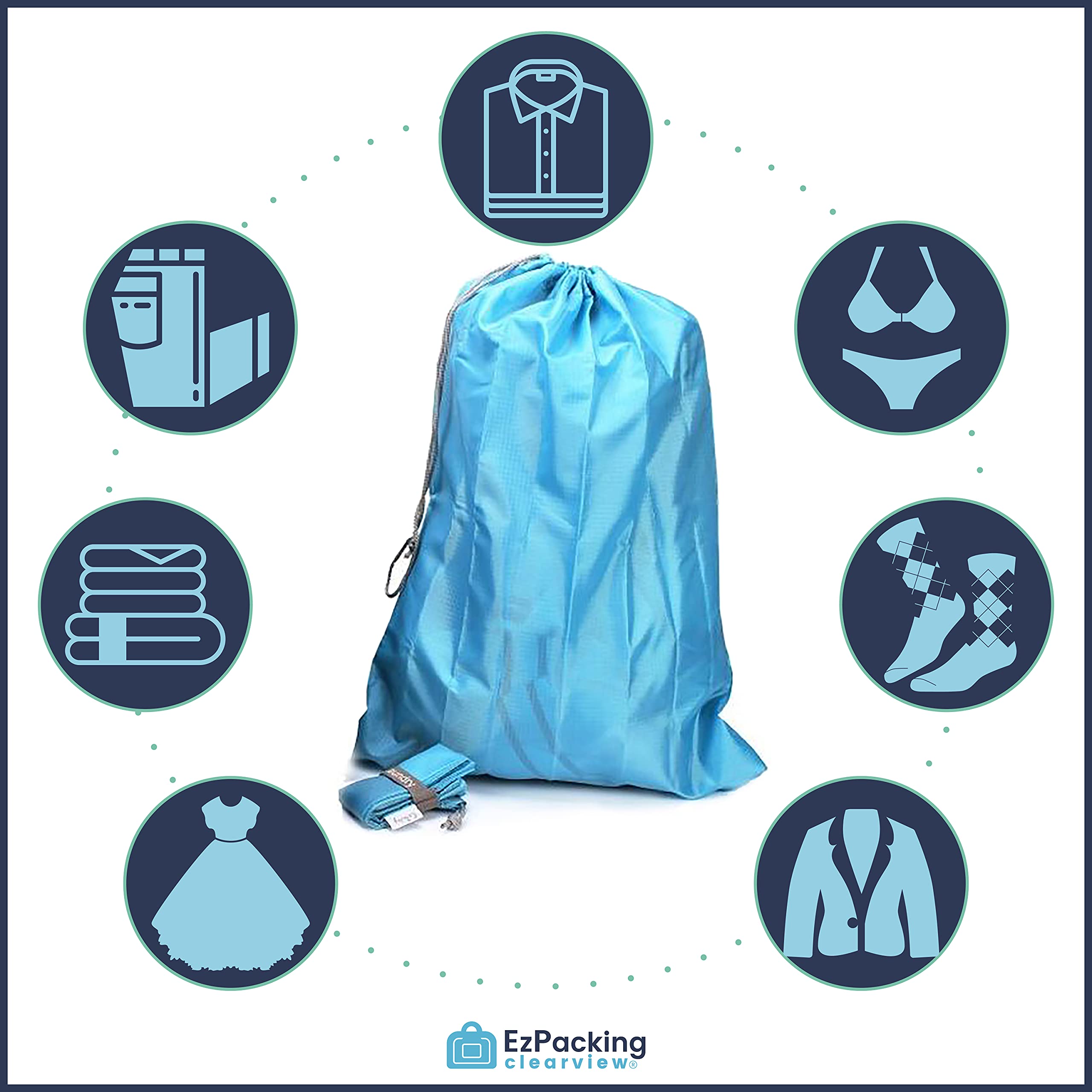 EzPacking Travel Laundry Bag with Drawstring/Foldable Compact Lightweight Small Travel Size for Suitcase / (22β X 16β) / Clean Dirty Clothes Wash Bag/Nylon Blue/Washable/For Women Men Kids Baby