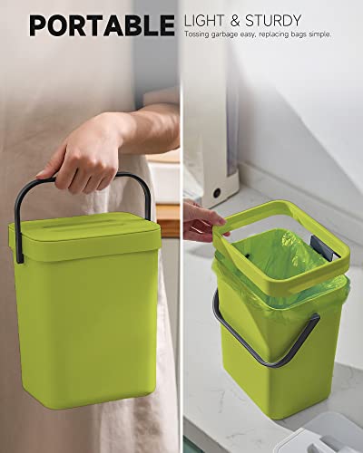 Compost Bin for Kitchen Countertop - MONGTINGLU 5L/1.3 Gal Hanging Small Trash Can with Lid, Kichen Under Sink Trash Can, Wall Mount Indoor Compost Bucket with Lid(Lime Green)