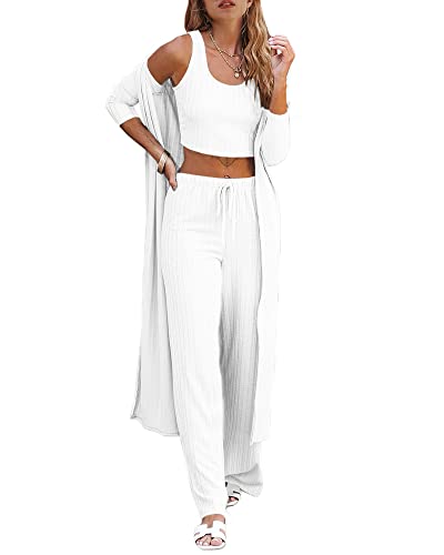 Fessceruna 3 piece Lounge Sets for Women Outfits Loungewear Long Kimono Cardigan Crop Tank Top Loose Pants A-white