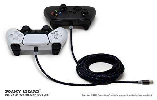 Foamy Lizard 10FT Split PS5 Controller Charger Cable, LED Fast Charging Braided Nylon Replacement Cord, Dual USB C for Switch, Playstation 5 Dualsense, Xbox Series X/S, Accessories (C to C, Blue LED)