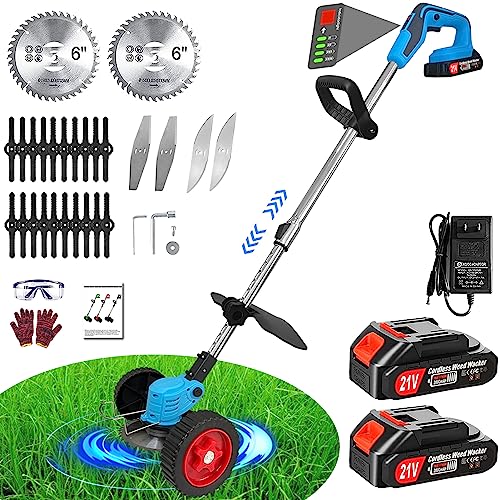 Electric Weed Wacker Cordless Weed Eater Battery Powered, 24V 2Ah Lightweight Grass Trimmer/Edger Lawn Tool/Brush Cutter with 4 Types Blades, Portable Push Lawn Mower with Wheels for Garden and Yard