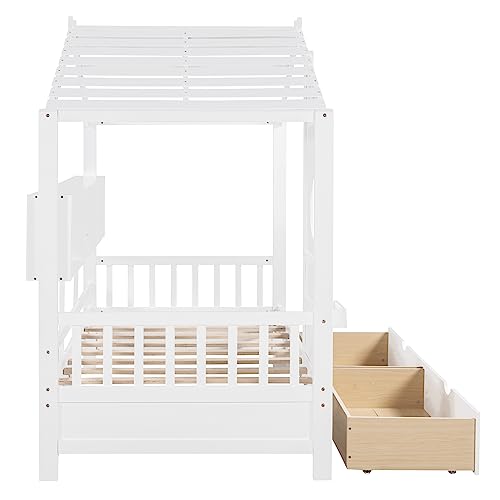 Demofit House Bed with 2 Drawers, Wooden Bed Frame with Storage Shelf and Roof for Bedroom,No Boxspring Required (Twin, White)