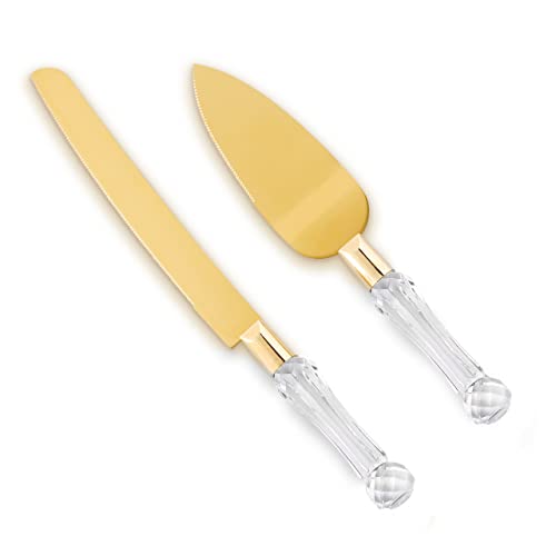 Homi Styles Wedding Cake Knife and Server Set | Plastic Faux Crystal Handles & 420 Stainless Steel Titanium gold plated Blades | Cake Cutting Set for Wedding Cake, Birthdays, Anniversaries, Parties