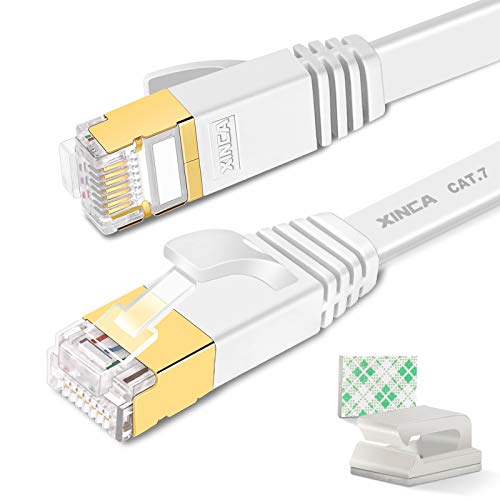 XINCA Cat 7 Flat Ethernet Cable 75ft White, High Speed 10GB Shielded (STP) LAN Internet Network Cable Ethernet Patch Computer Cable with Rj45 Connectors and 40pcs Adhesive Cable Clips