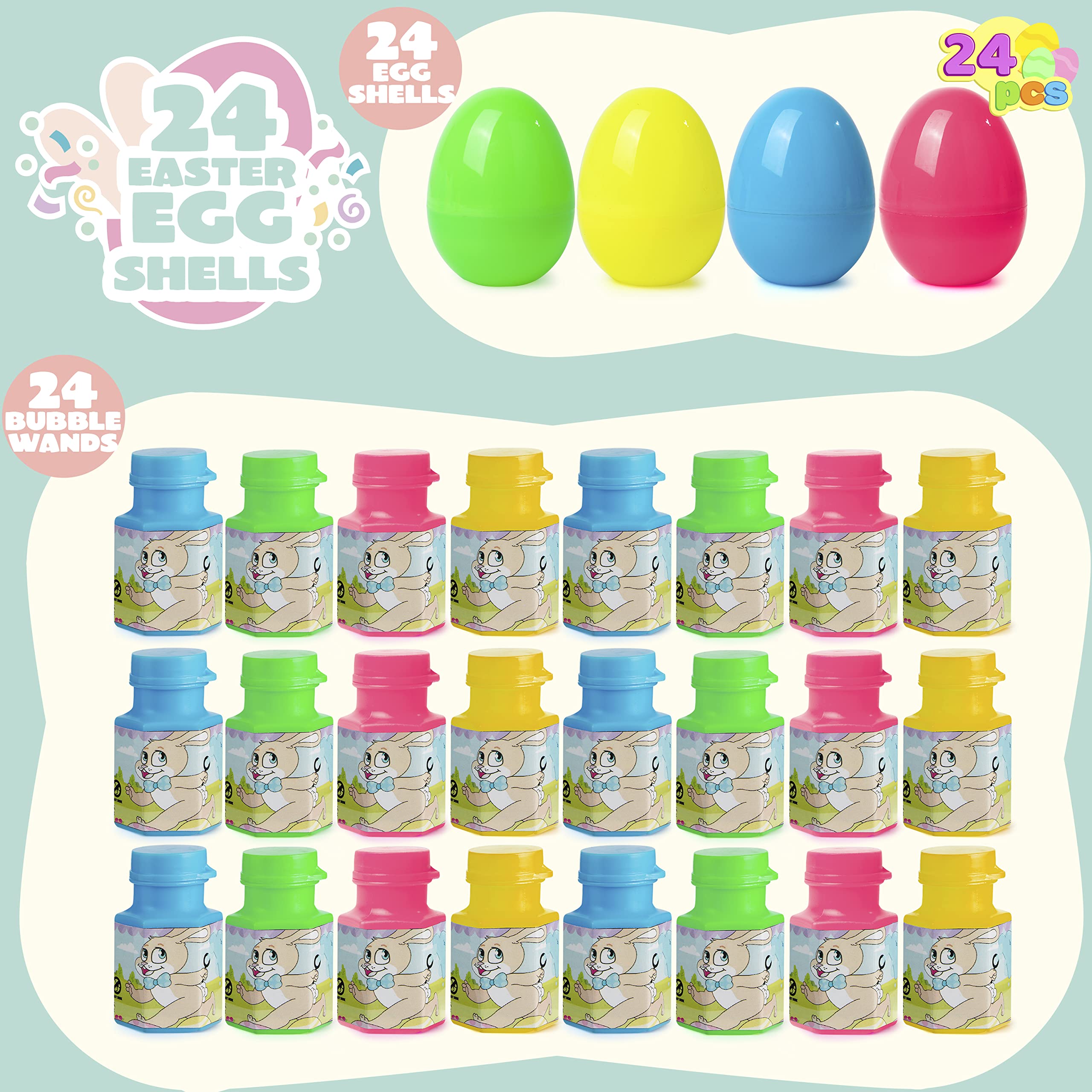 JOYIN 24 Pcs Prefilled Easter Eggs with Bubble Wands for Kids Basket Stuffers, Easter Decorations, Easter Children Fun, Egg Hunt Game, Easter Décor Gifts and Party Favors, 3.15"