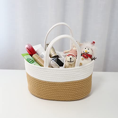 HODAKJUE Baby Diaper Caddy Organizer, Cotton Rope Nursery Storage Basket, Car & Changing Table Tote for Newborn Boys Girls ( White & Brown )