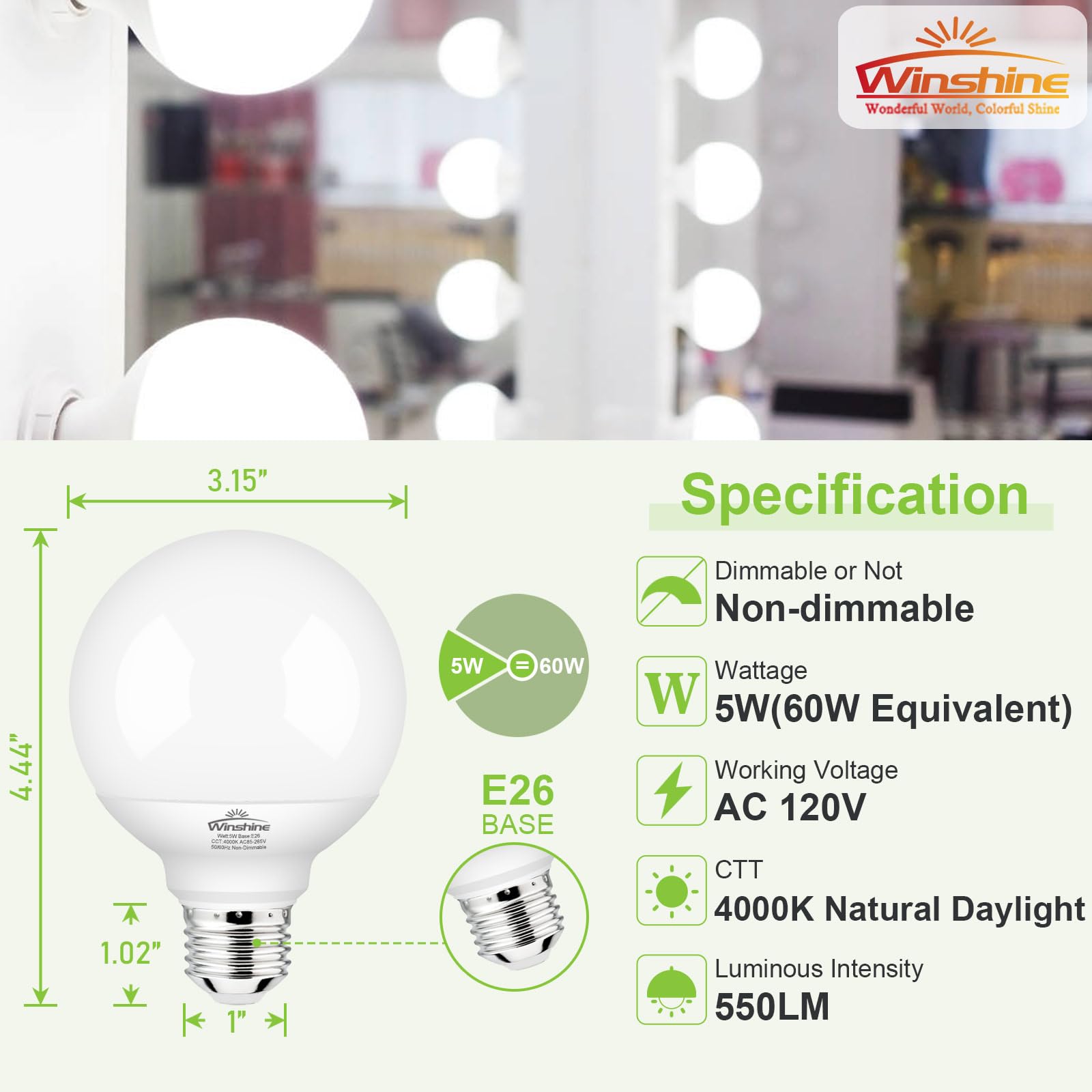 winshine 8 Pack Globe Bathroom Light Bulbs 4000K Natural Daylight, 5W G25 LED Vanity Light Bulb 60W Equivalent, Makeup Mirror, Standard E26 Medium Base, 550LM, Non-dimmable,8 Count (Pack of 1)