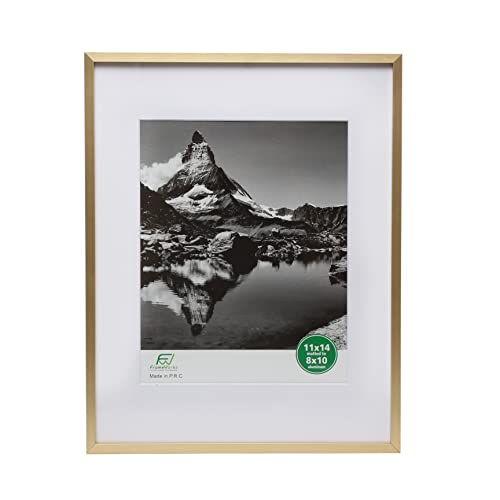 FrameWorks 11”x14” Matted to 8”x10” – Deluxe Brass Gold Aluminum Contemporary Picture Frame with Tempered Glass and Removable Mat