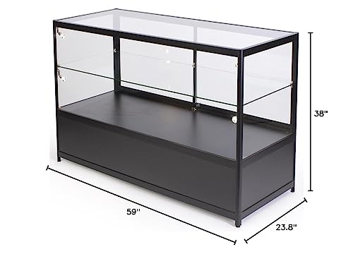 Displays2go 60 Inch Glass Showcase, Hidden Storage, LED Lights, Lockable Sliding Door - Black (IAPHV60LED)