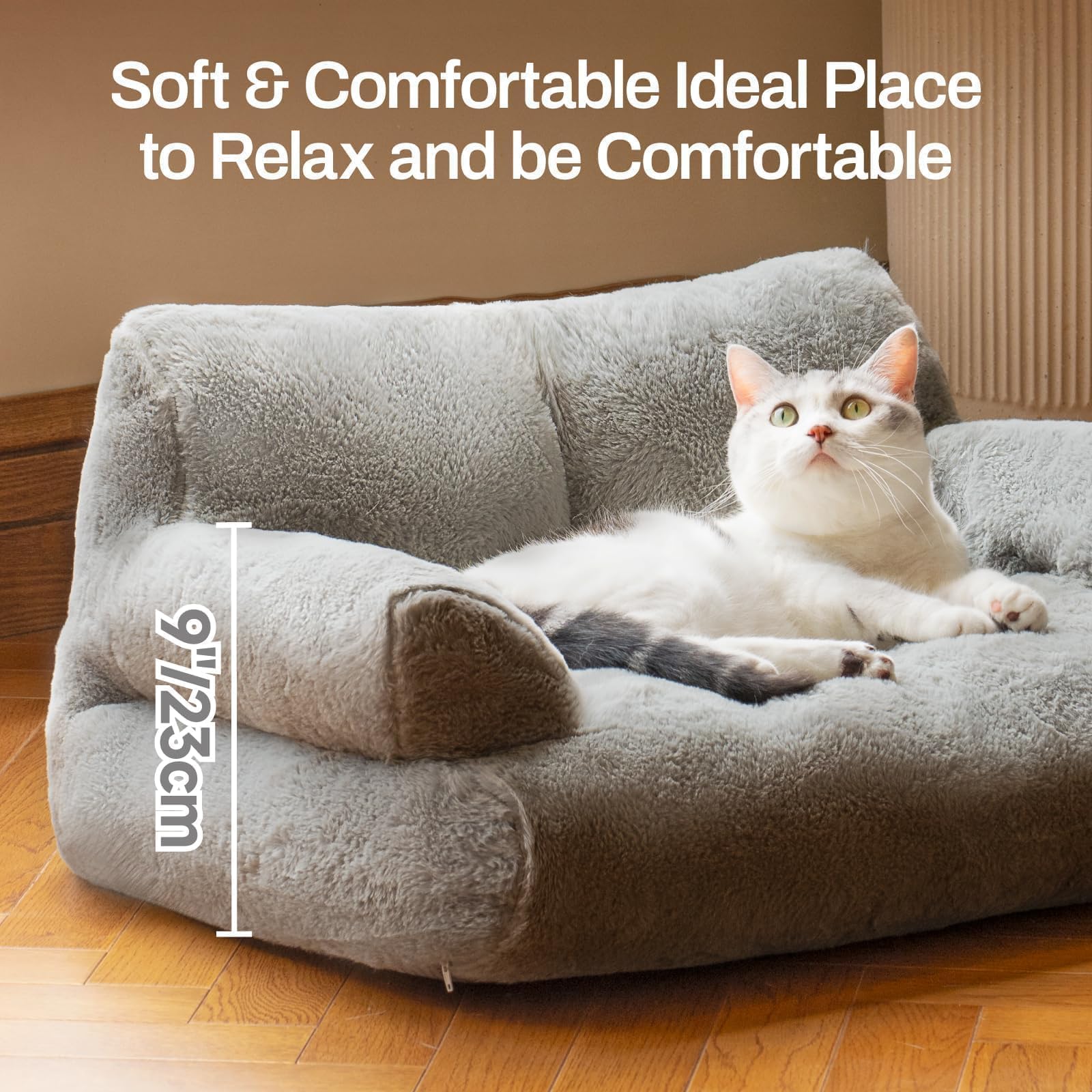 MEWOOFUN Cat Couch Bed for Indoor Cats, Washable Small Dog Beds for Medium Small Dogs & Cats up to 25 lbs, Fluffy Pet Beds with Non-Slip Bottom, 26×19×13 Inch (Grey)