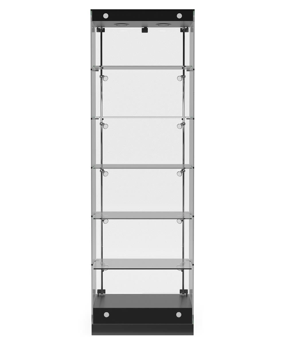 Displays2go Display Show Case with LED Lighting, Glass Shelves, Locking Door, MDF Top & Base β Clear & Black (GTAP24LEDB)