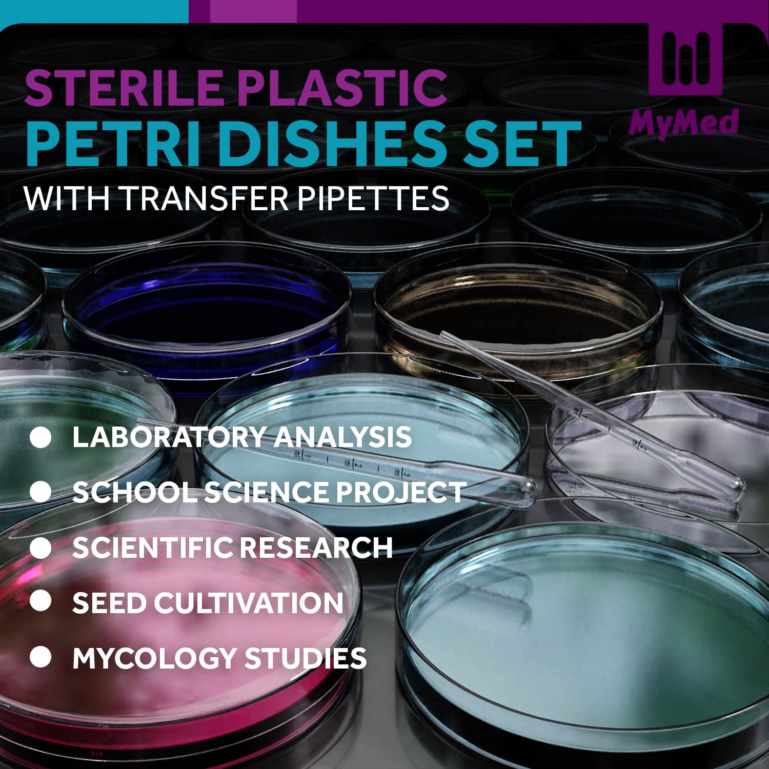 MyMed Pack of 20 Sterile Petri Dishes with Lids (90 x 15 mm), 2ml Plastic Pipettes for Lab Analysis, School Projects, Blood Samples, Bacteria, Plant & Seed Cultivation Petri Dish (20)