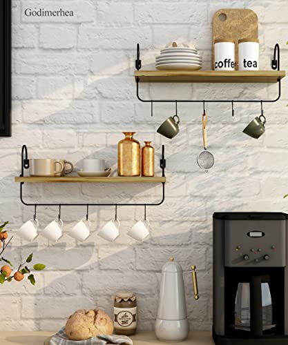 Godimerhea Floating Shelves with Hooks, Set of 2 Rustic Wall Mounted Wooden Decorative Storage Shelves with Towel Rack for Coffee Bar, Kitchen, Living Room(Brown)