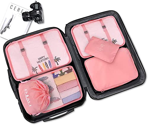 DIMJ Packing Cubes for Travel, 8Pcs Travel Cubes Set Pink Foldable Suitcase Organizer Lightweight Luggage Storage Bag