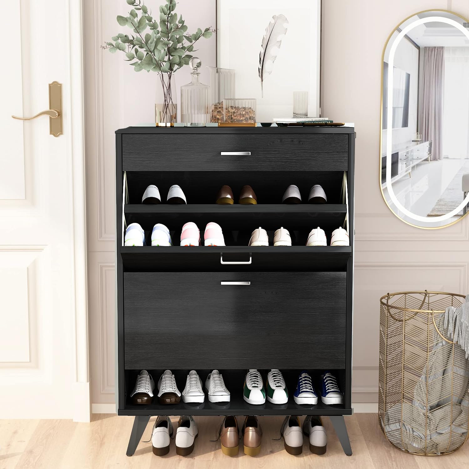AWQM Shoe Storage Cabinet for Entryway, Free Standing Shoe Organizer with 2 Flip Drawers,Hidden Shoe Rack Storage Organizer for Doorway Hallway Closet, Black