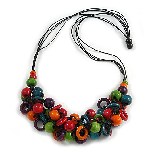 Avalaya Multicoloured Wooden Round Bead and Ring Cotton Cord Long Necklace - 80cm Max/Adjustable