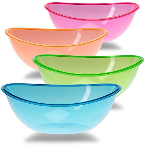 Friwer Neon Oval Plastic Contoured Serving Bowls, Party Snack or Salad Bowl 80 Oz. Set In Pink Blue Green Orange Set of 4