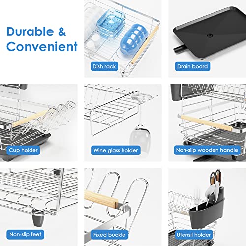 G-TING Dish Drying Rack, 2 Tier Detachable Dish Rack and Drainboard Set, Rust-Proof Drying Rack for Kitchen Counter, Large Capacity Dish Drainer with Utensils Holder and Cup Rack, Silver