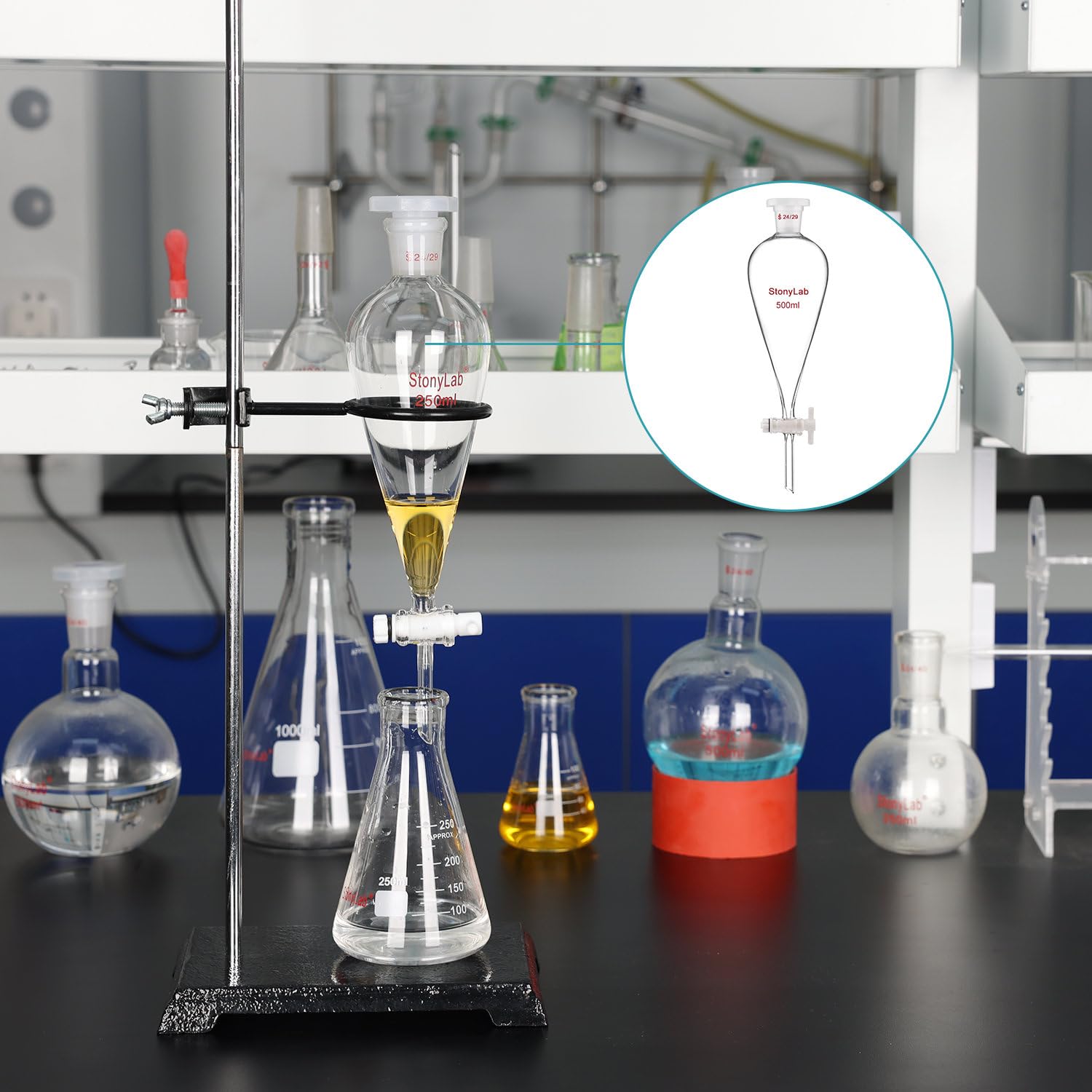 stonylab Borosilicate Glass 1000 ml Heavy Wall Conical Separatory Funnel with 24/29 Joints and PTFE Stopcock, 1000 ml