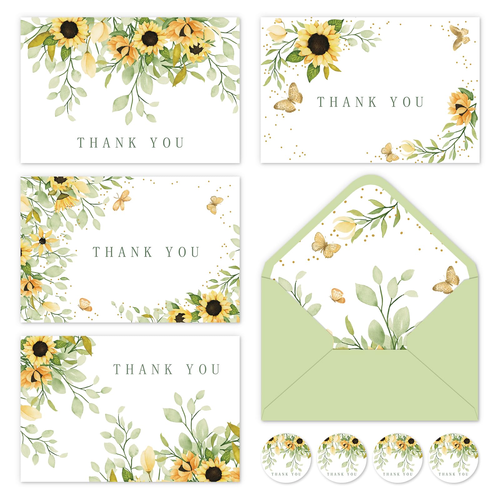 Whaline 40 Pack Sunflower Thank You Cards with Envelopes Stickers Watercolor Floral Greeting Cards Spring Summer Flower Blank Note Cards for Wedding Baby Shower Bridal Birthday Party, 4 x 6 Inch