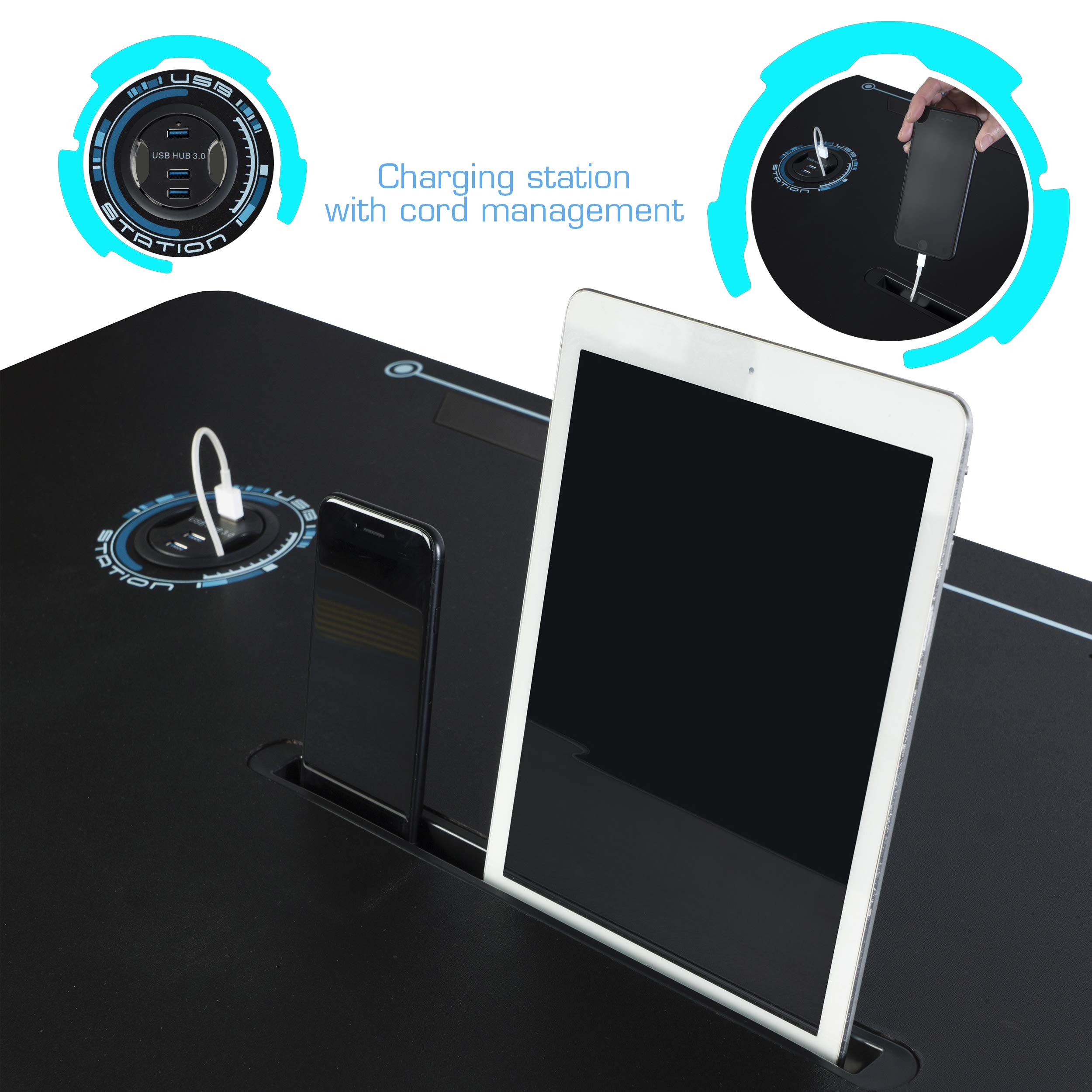Atlantic Viper 3000 Gaming Desk – Single Laminated Surface, Heavy-Duty Steel X-Legs, Integrated LED, 3 USB 3.0 Ports, Smart Device Slot, Surge Protector Tray, Headset Hooks, PN 33906164 - Black
