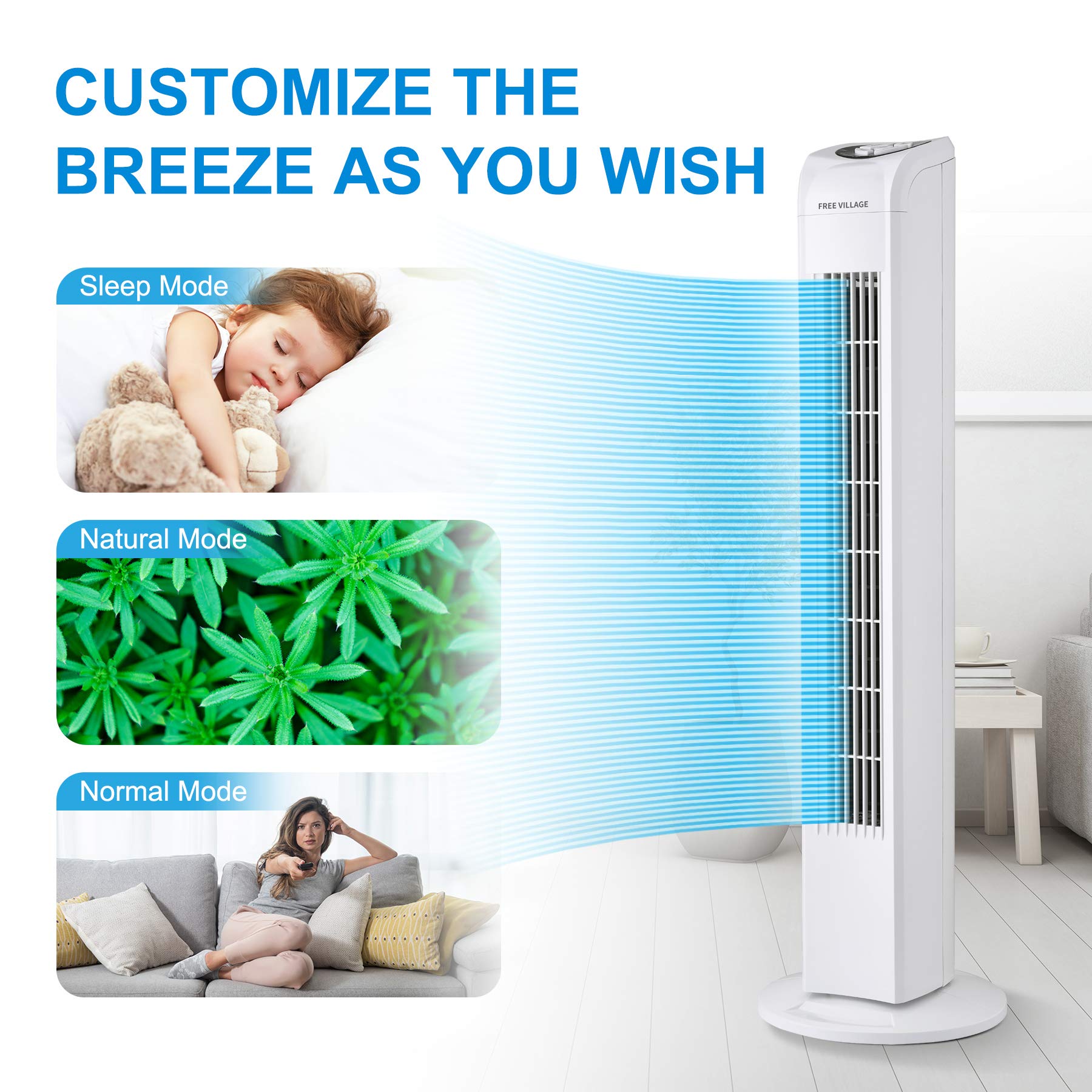 FREE VILLAGE JTF-03R 30'' Bladeless Tower Fan - 30 Inch Portable Tower Fan with Remote, 7.5 Hours Timer, 70° oscillation, Compact Size, 3 Modes and 3 Speed Settings, Safe for Kids and Pets, White