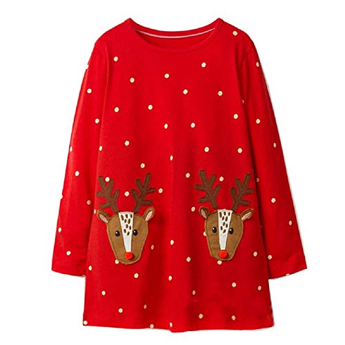 FreeLu Girls Christmas Dresses Longsleeve Cartoon Dress Striped Casual Cotton T-Shirt(Red Reindeer,6T)