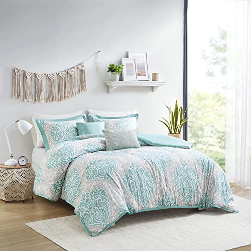 Intelligent Design ID10-898 Senna Comforter Set King/Cal King Size - Aqua Blue/Gray, Damask β 5 Piece Bed Sets β Ultra Soft Microfiber - All Season Comforter Set Bedding
