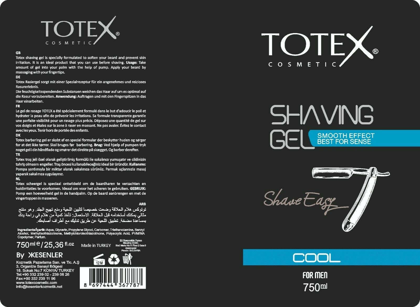 Totex Cool Shaving Shave Gel Professional Formula Sensitive Smooth Effect Best For Sense With Pump Easy Economical Use For Men & Women 750 ml