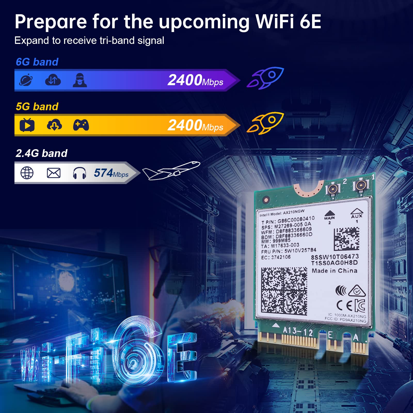 AX210NGW WiFi Card, WiFi 6E 802.11ax Wireless Card Intel AX210 NGW Bluetooth 5.3 Tri-Band 5400Mbps Network Adapter Wireless Module Expand to 6GHz for Laptop Support Windows 10/11 (64bit) M.2/NGFF