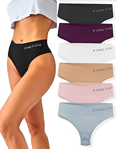 FINETOO 6 Pack High Waisted Thongs for Women, Nylon Spandex Panties Breathable Soft Stretchy Underwear High Rise S-XL (L)