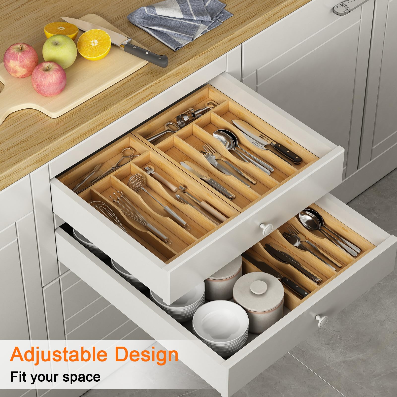 Youpehom Bamboo Utensil Organizer for Kitchen Drawers, Utensil Tray and Cutlery Silverware Holder,Wood Drawer Dividers with 5 Slots