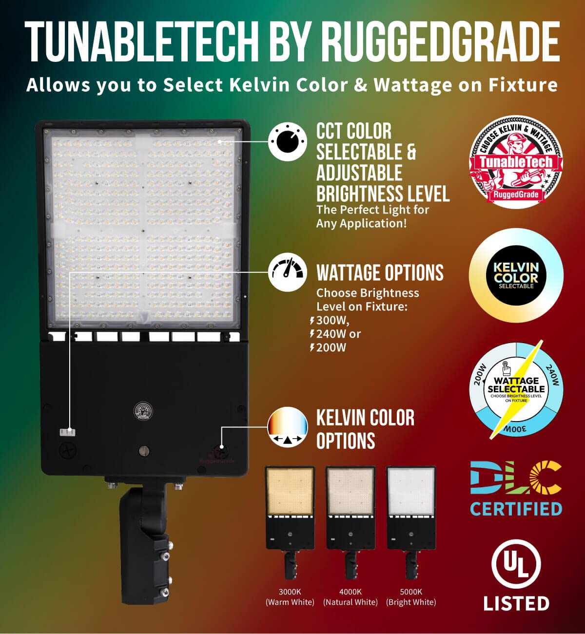 RuggedGrade 300W - Revati II Series LED Parking Lot Light with Photocell - 43,200 Lumen - Color Selectable 3K/4K/5K - Arm Mount - Black