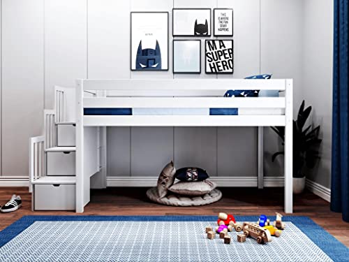 JACKPOT! Contemporary Low Loft Twin Bed with Stairway, Loft Bed, White