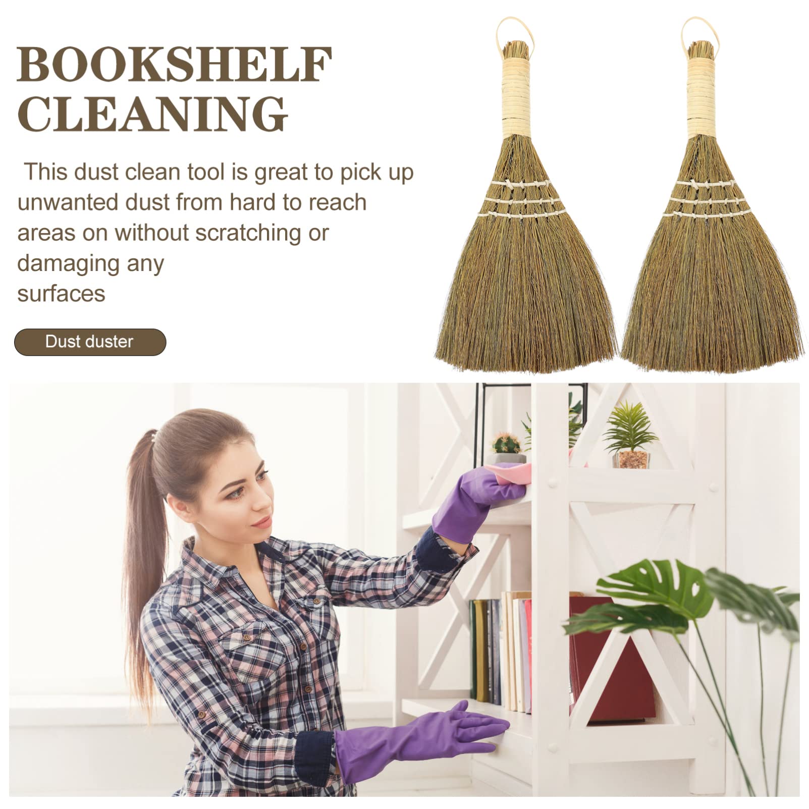 BESTonZON Manual Broom Vintage Broom 2Pcs Desktop Broom Retro Asian Straw Broom Natural Flower Grass Broom Manual Whisk Broom for Home Kitchen Sweeping Broom Short Handle Broom