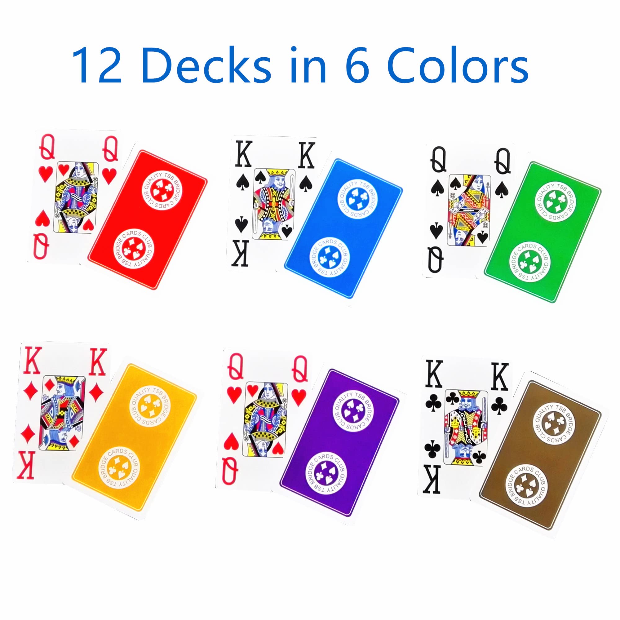 TSB Jumbo Index Bridge Cards Pack of 12 Decks - 6 Colors Jumbo Print Bridge Playing Cards - with Single Box for Easy Storage(12 Decks in 6 Colors)