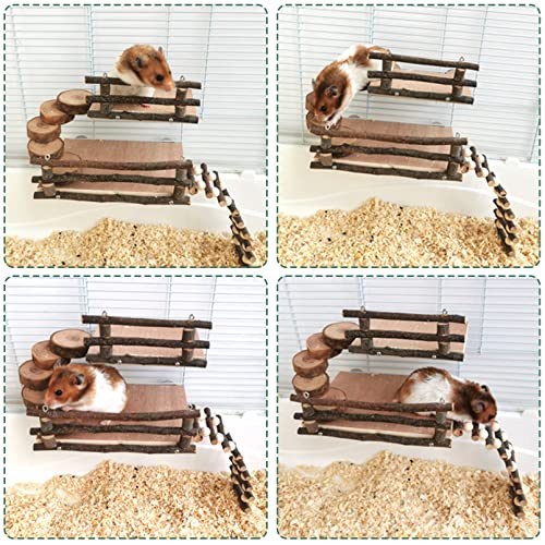 Fhiny Hamster Climbing Toys, 2 Layer Wooden Activity Platform with Bridge Hanging Playground Cage Accessories Hamster Wood Chewing Toys for Dwarf Hamsters Gerbils Small Pets