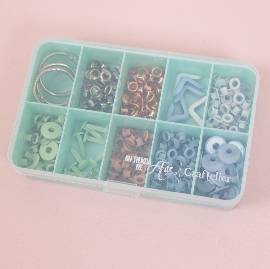Craftelier - Mini Organizing Box with 10 Compartments for Scrapbooking and Craft Materials | Dimensions 14.6 x 9.1 x 3.2 cm (5.75β x 3.6β x 1.25") - Transparent and Turquoise Color